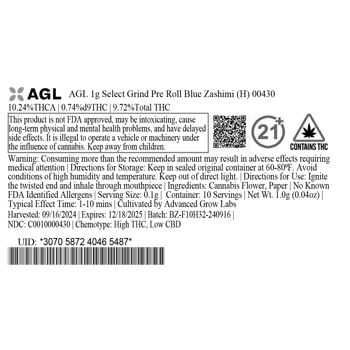 AGL 1g Select Grind Pre Roll Blue Zashimi (H) 00430