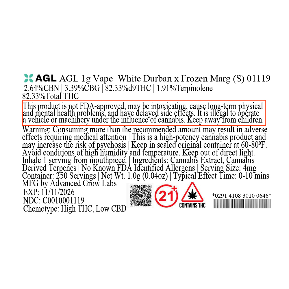 AGL 1g Vape White Durban x Frozen Marg (S) 01119
