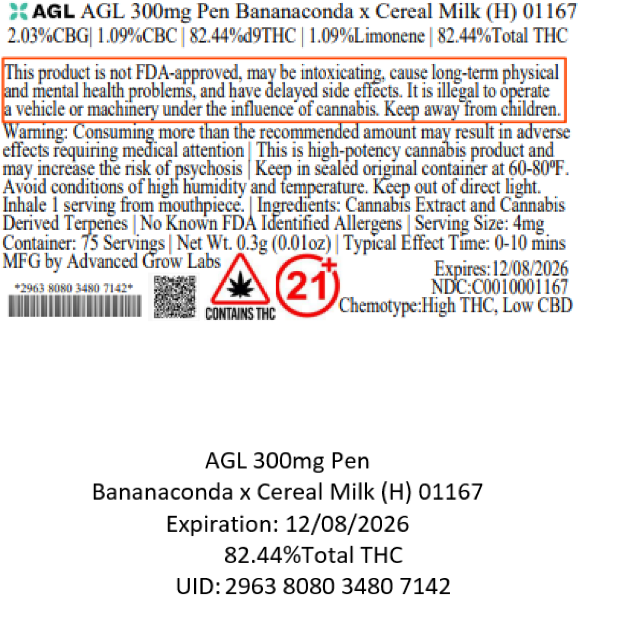 AGL 300mg Pen Bananaconda x Cereal Milk (H) 01167 Advanced Grow Labs ...