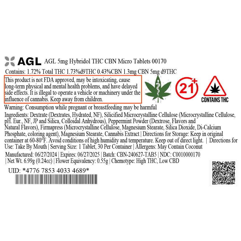 AGL 5mg Hybridol THC CBN Micro Tablets 00170
