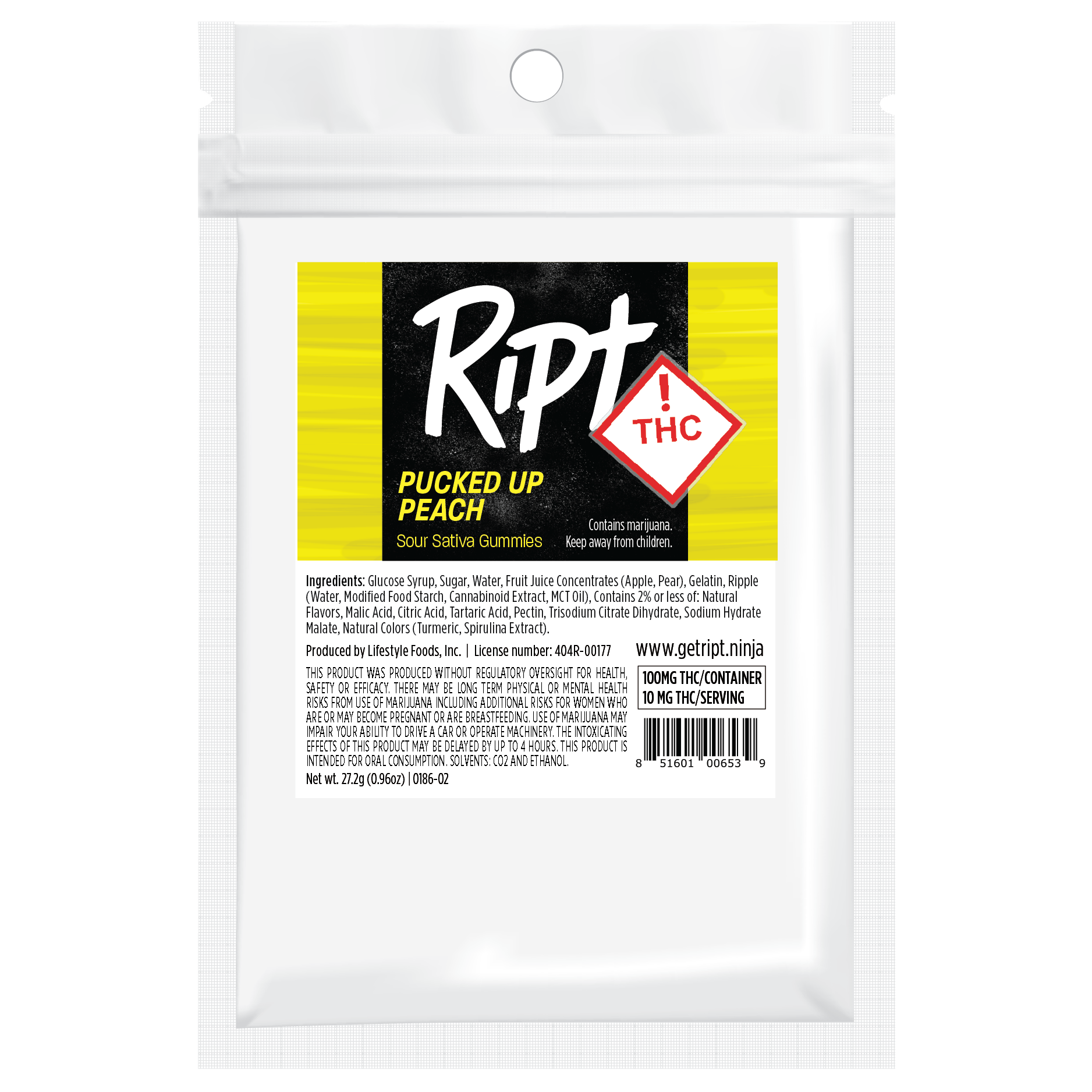 Pucked Up Peach Sour Sativa 100mg THC Ript Fast Acting Gummies