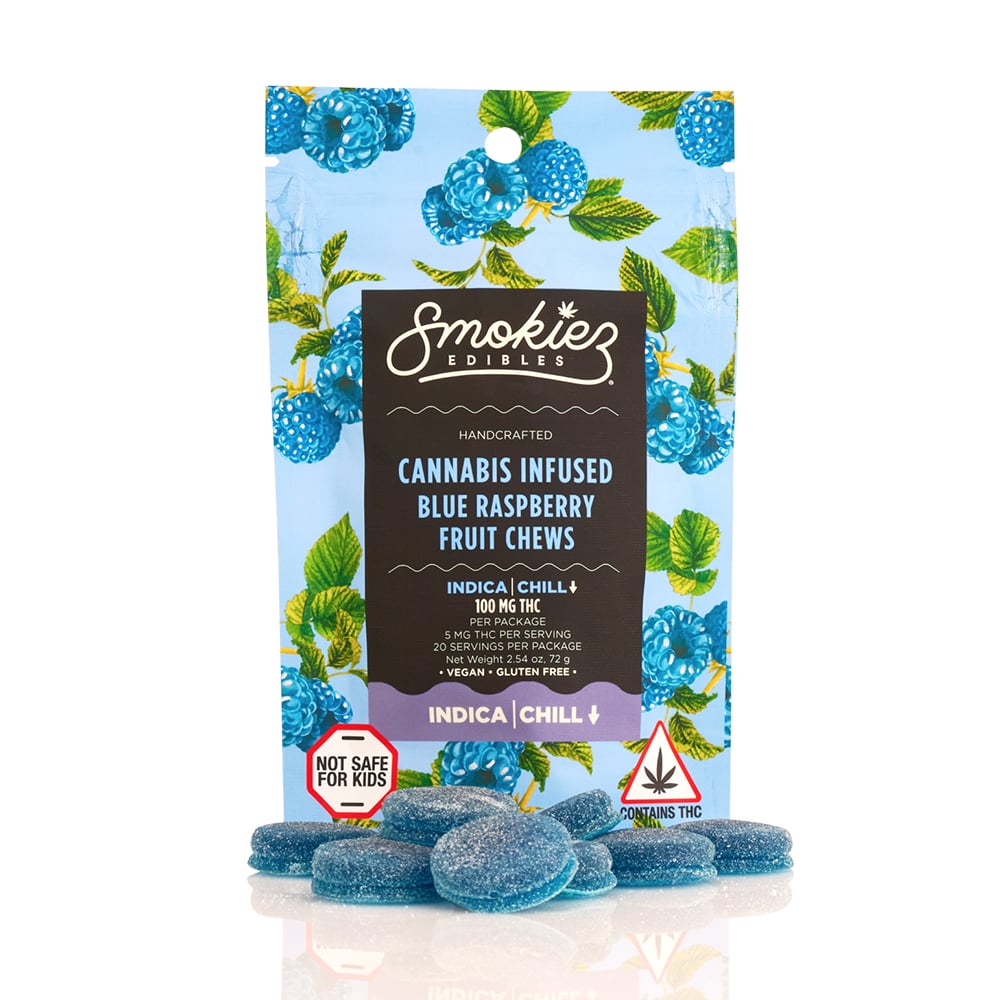 Blue Raspberry - Indica [20pk] (100mg) | Smokiez | THC Fruit Chews - Jane