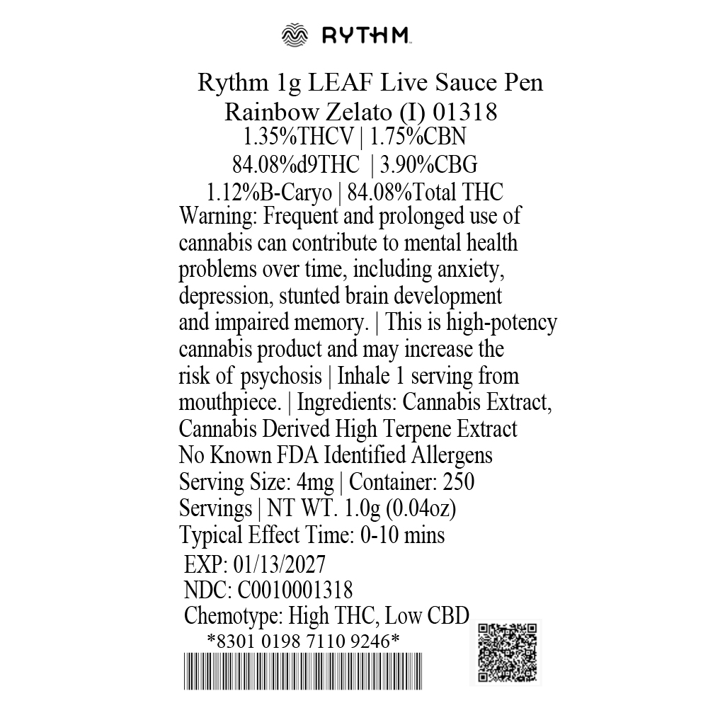 Rythm 1g LEAF Live Sauce Pen Rainbow Zelato (I) 01318 RYTHM ...
