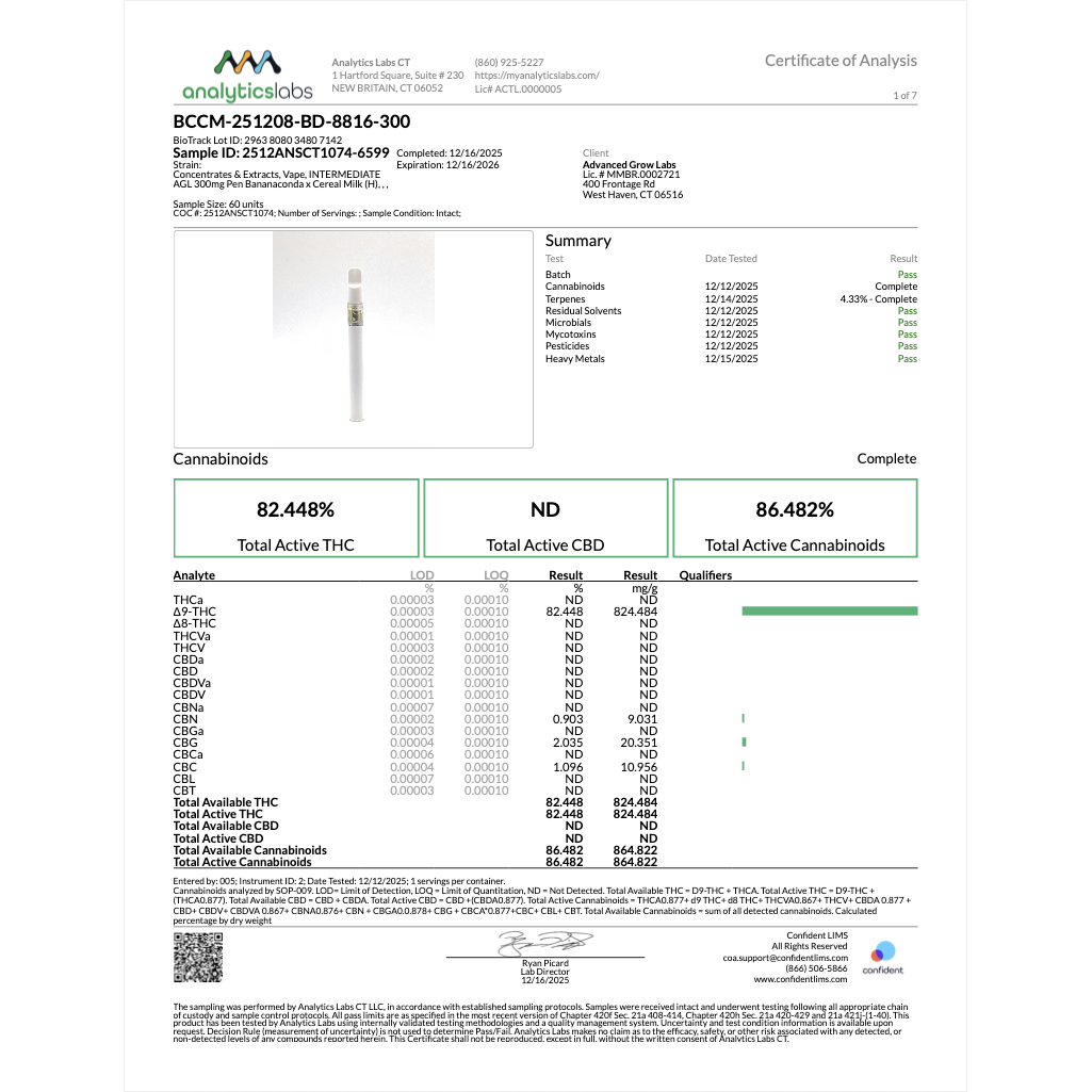 AGL 300mg Pen Bananaconda x Cereal Milk (H) 01167 Advanced Grow Labs ...