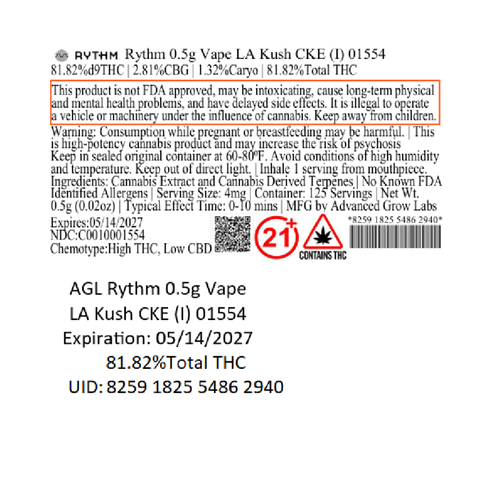 Rythm 0.5g Vape LA Kush CKE (I) 01554 RYTHM - Connecticut, Branford ...
